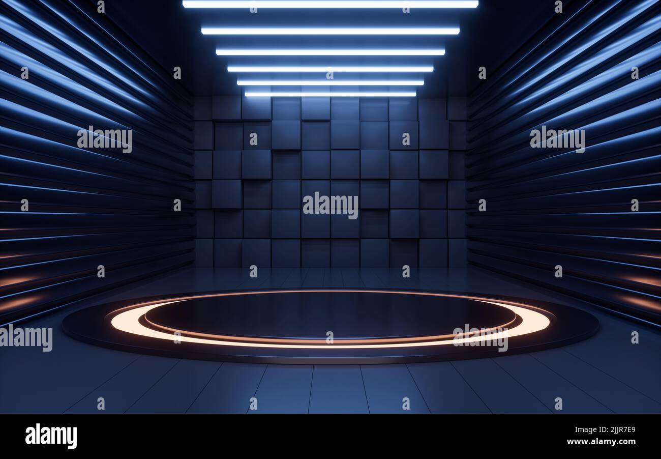 Empty stage and neon lines in the dark room, 3d rendering. Computer ...