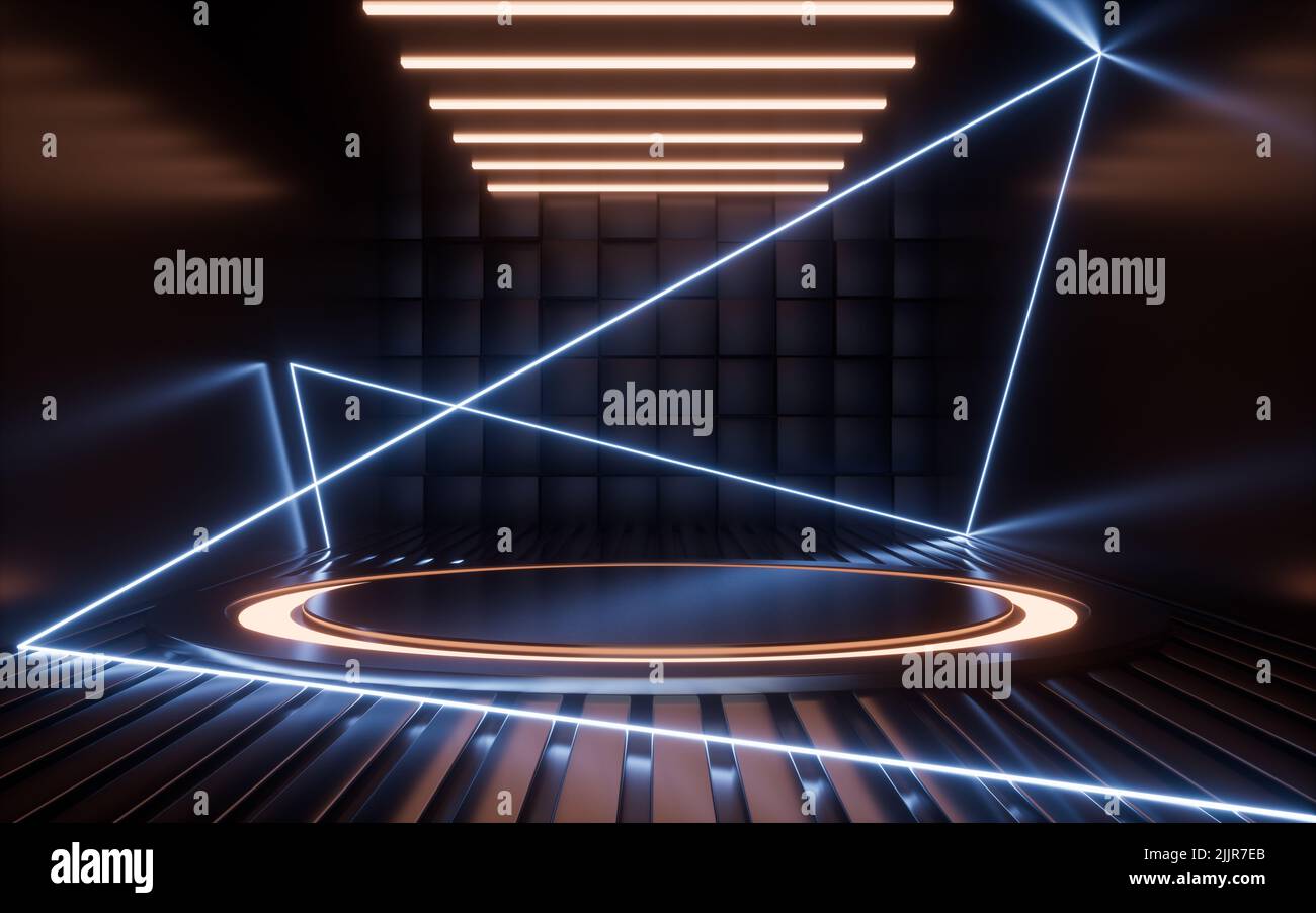 Empty stage and neon lines in the dark room, 3d rendering. Computer ...