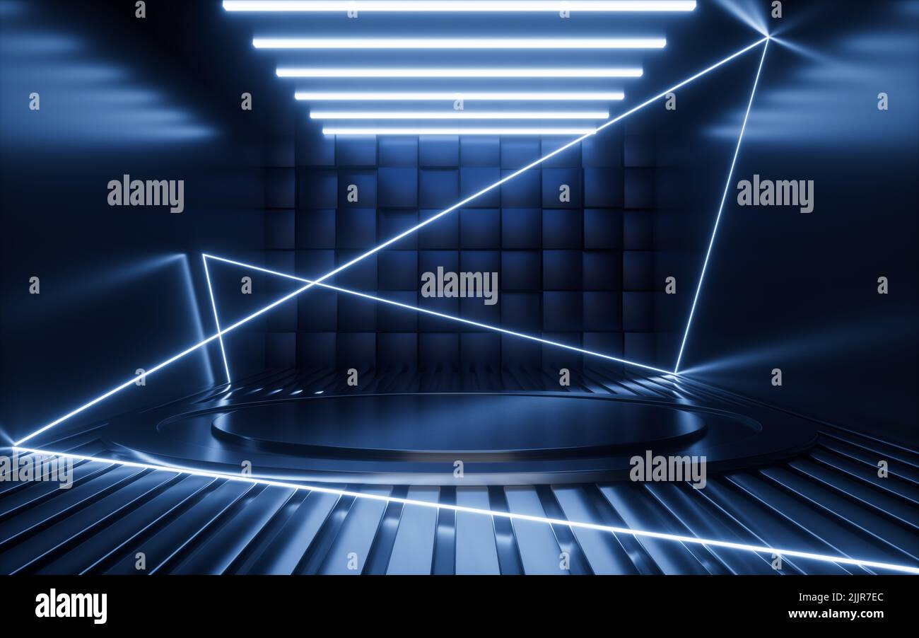 Empty stage and neon lines in the dark room, 3d rendering. Computer ...