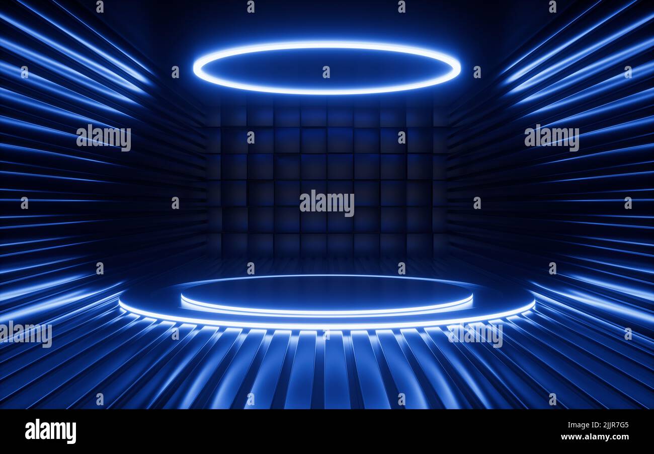 Empty stage and neon lines in the dark room, 3d rendering. Computer ...