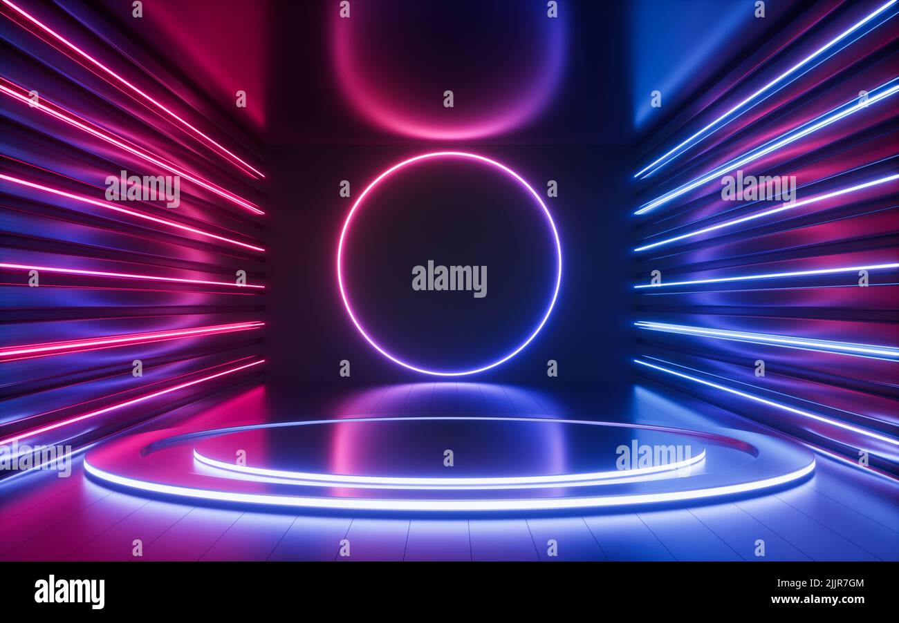 Empty stage and neon lines in the dark room, 3d rendering. Computer ...