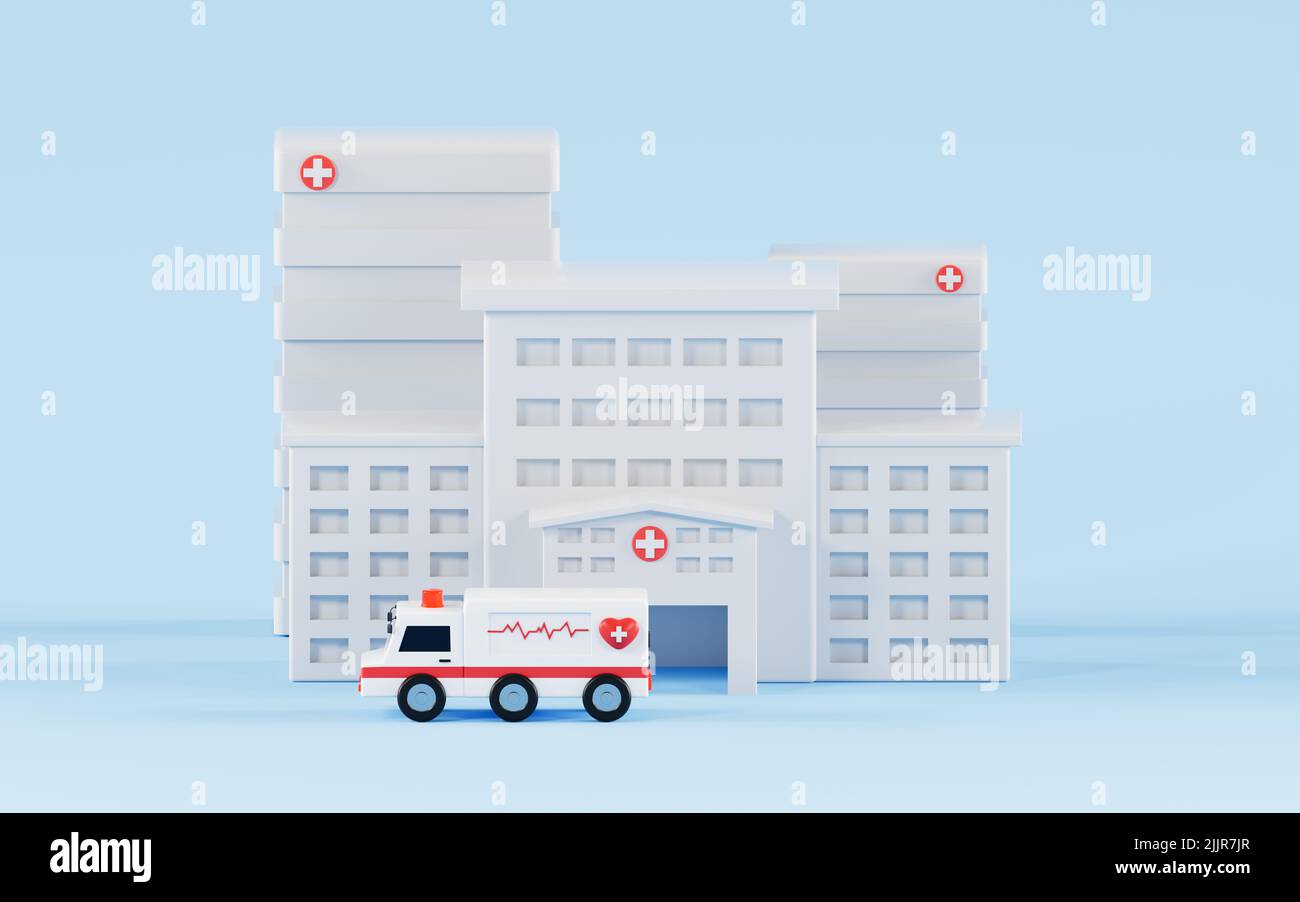 White hospital building and ambulance, 3d rendering. Computer digital ...