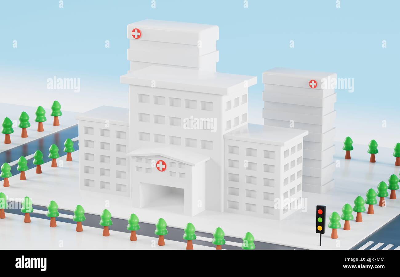 White hospital building and city background, 3d rendering. Computer ...