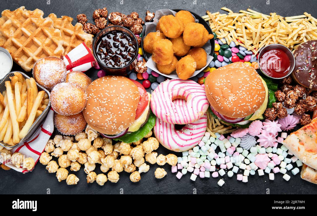 Unhealthy products. food bad for figure, skin, heart and teeth ...