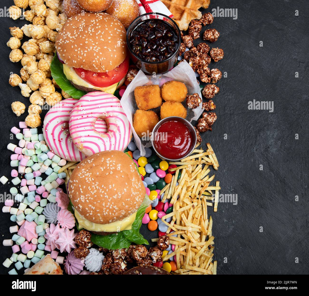 Unhealthy products. food bad for figure, skin, heart and teeth ...