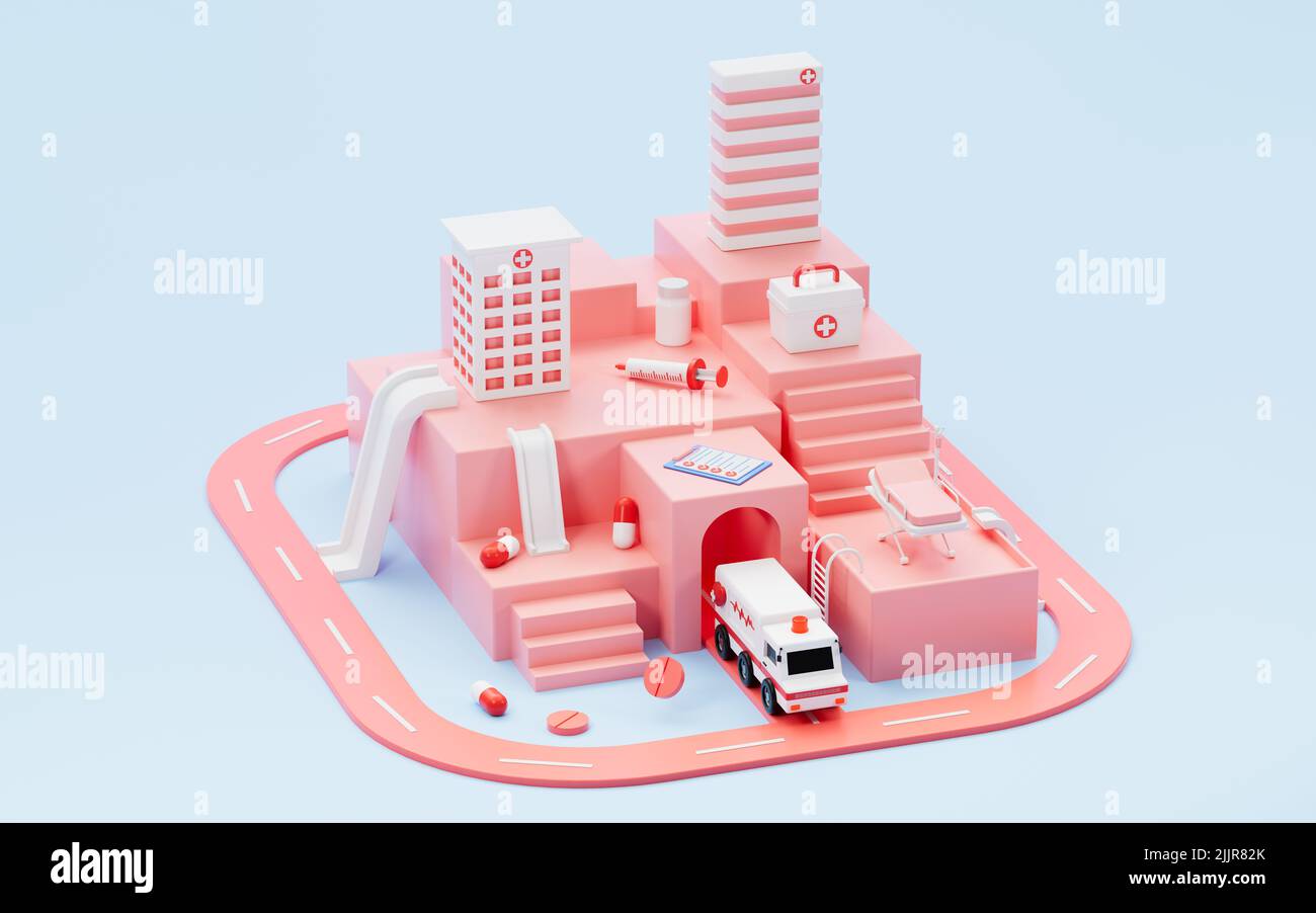 Pink hospital building model and medical apparatus and instruments, 3d ...