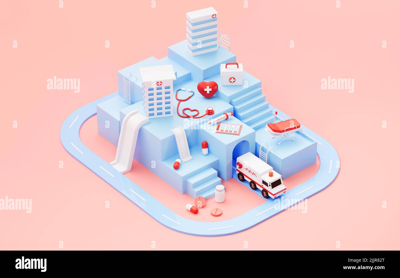 Blue hospital building model and medical apparatus and instruments, 3d ...