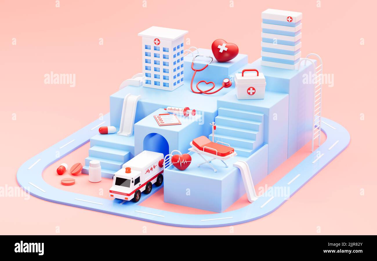 Blue hospital building model and medical apparatus and instruments, 3d ...