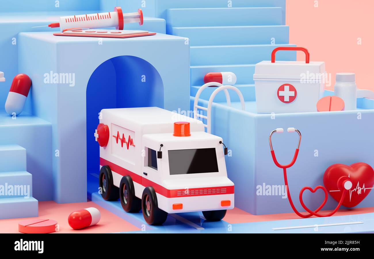 Ambulance pulled out of the blue hospital, blue hospital scene and ...