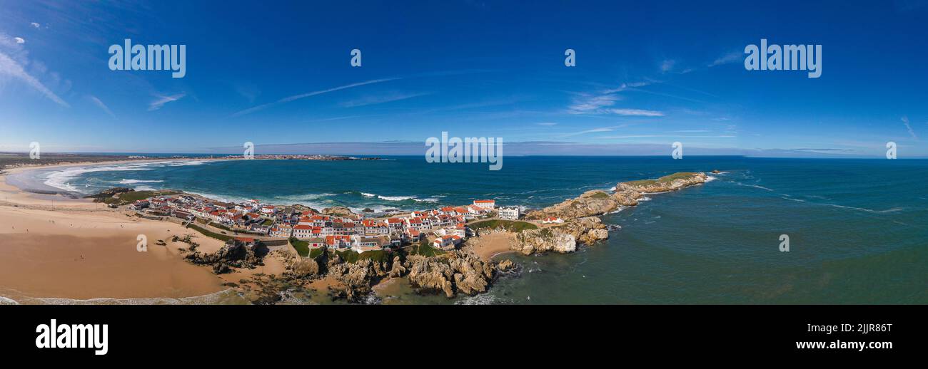 Aerial panoramic view of island Baleal near Peniche on the shore of ...