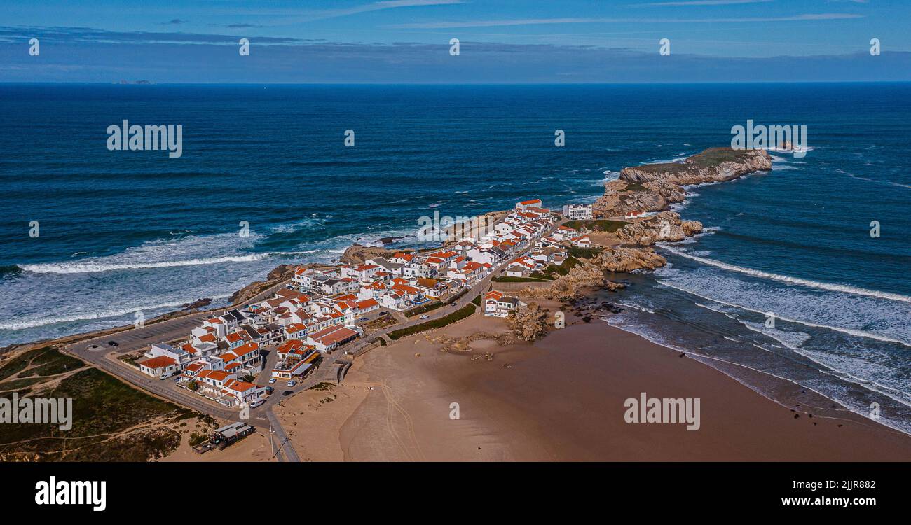 Aerial panoramic view of island Baleal near Peniche on the shore of ...