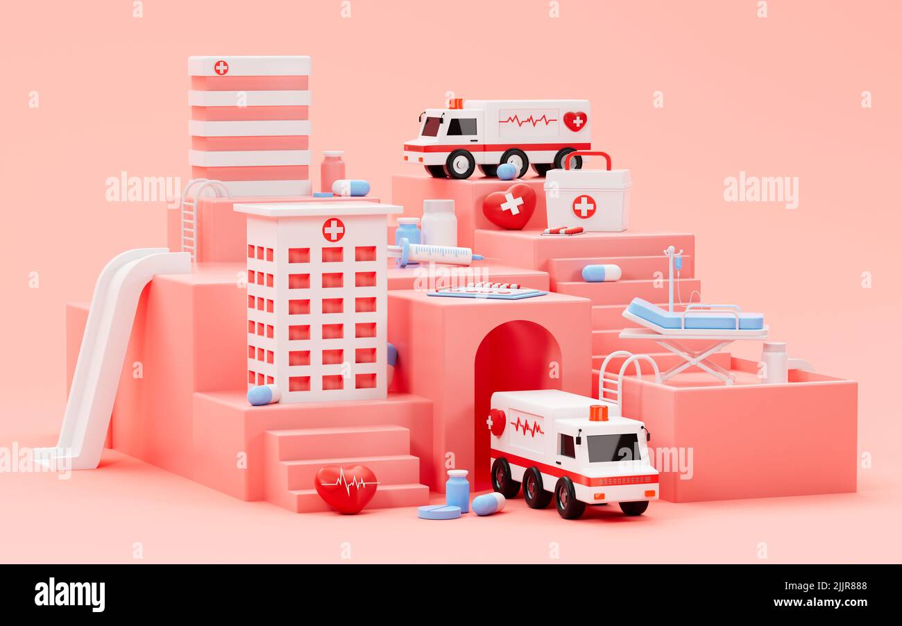 Ambulance pulled out of the pink hospital, pink hospital scene and ...