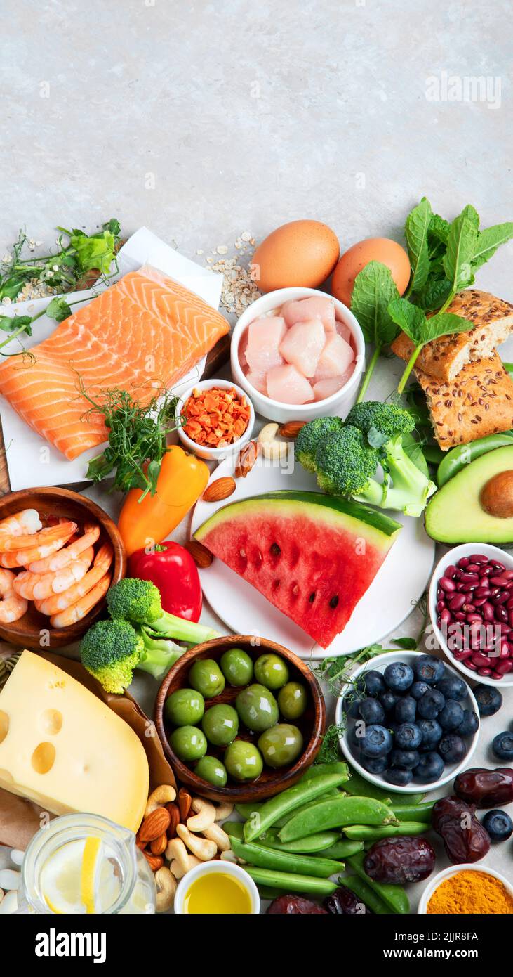 Healthy food assortment on light background. Diet concept. Top view ...