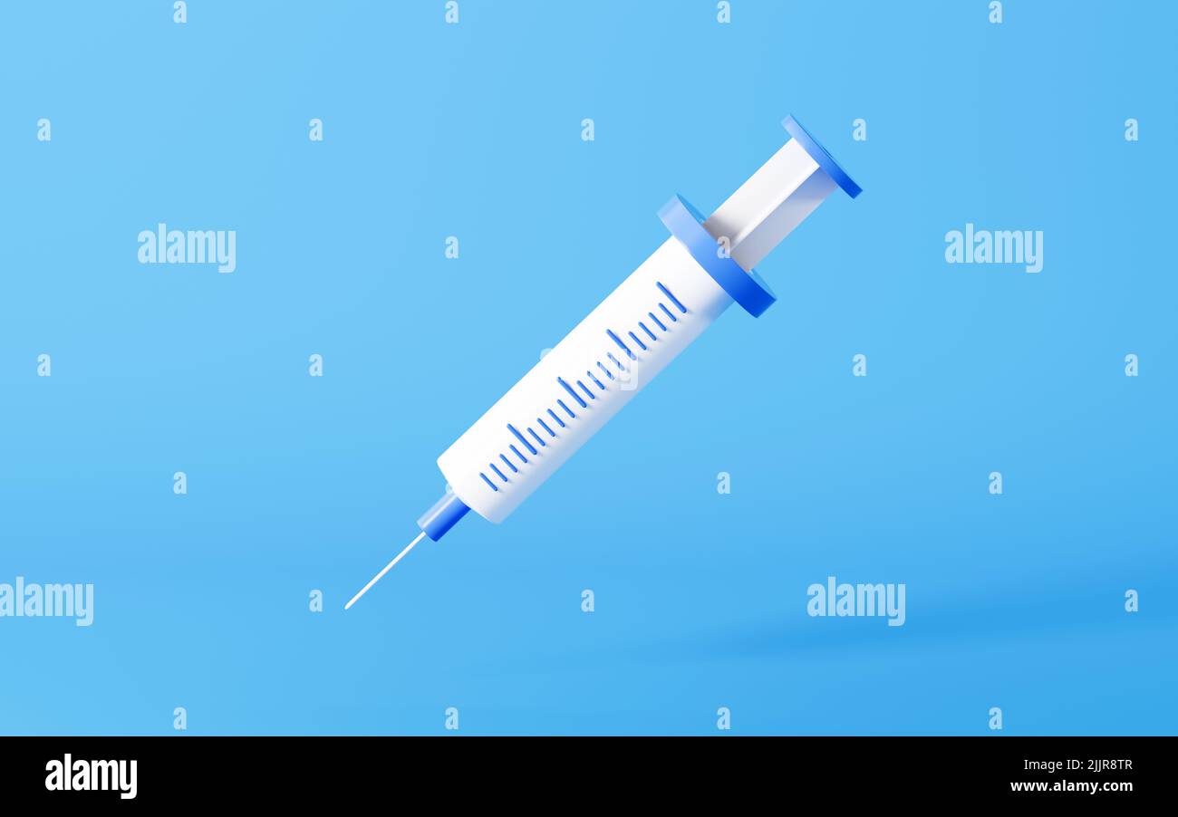 Cartoon style injection syringe with blue background, medical concept ...