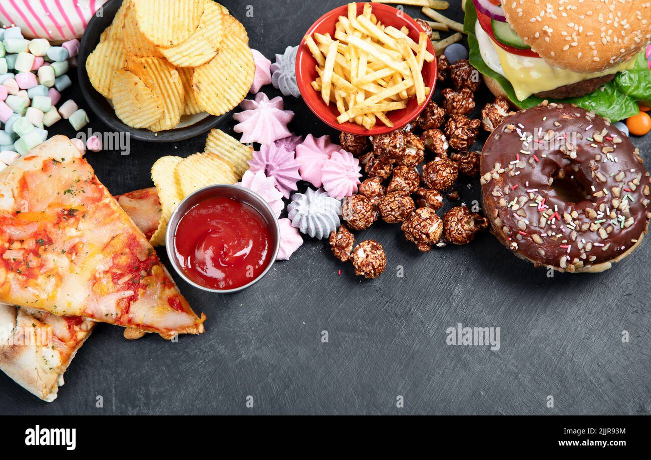 Unhealthy products. food bad for figure, skin, heart and teeth ...