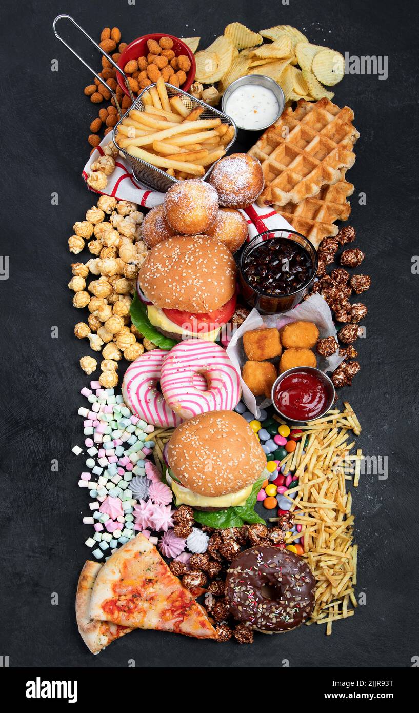 Unhealthy products. food bad for figure, skin, heart and teeth ...