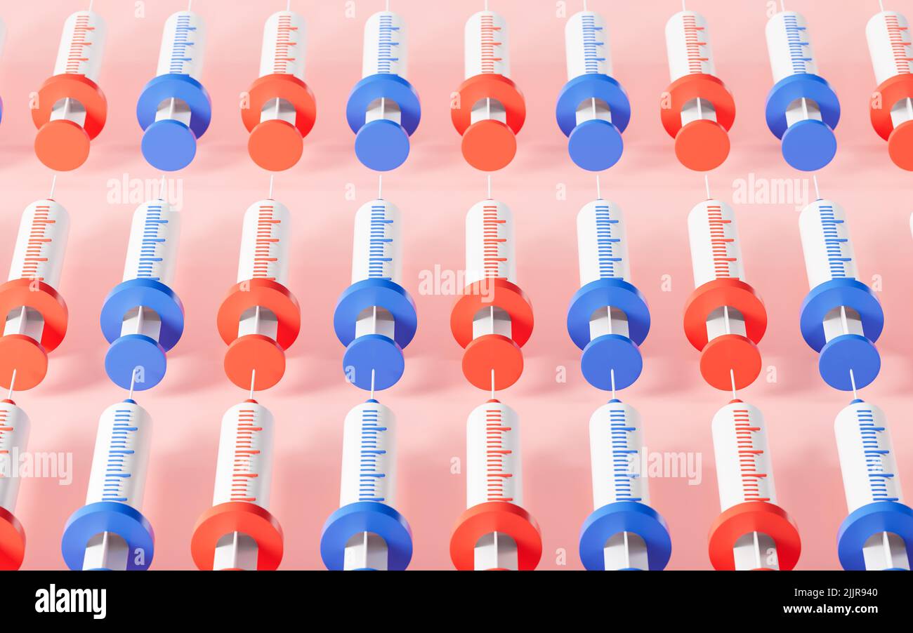 Cartoon style injection syringe line up with pink background, 3d ...