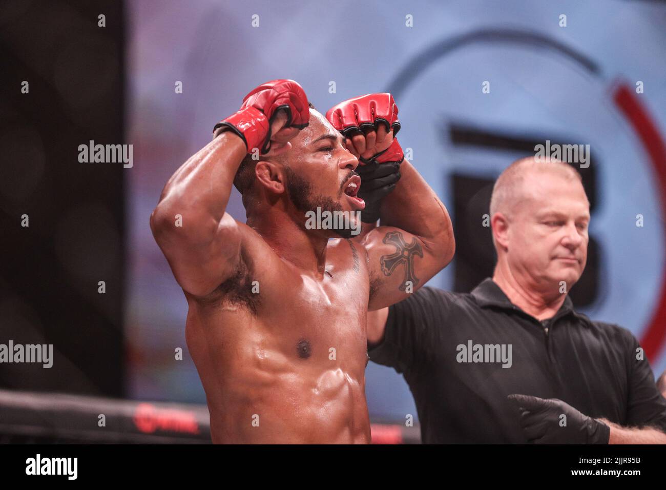 Archie Colgan reacts to having his hand raised after defeating Bryan ...
