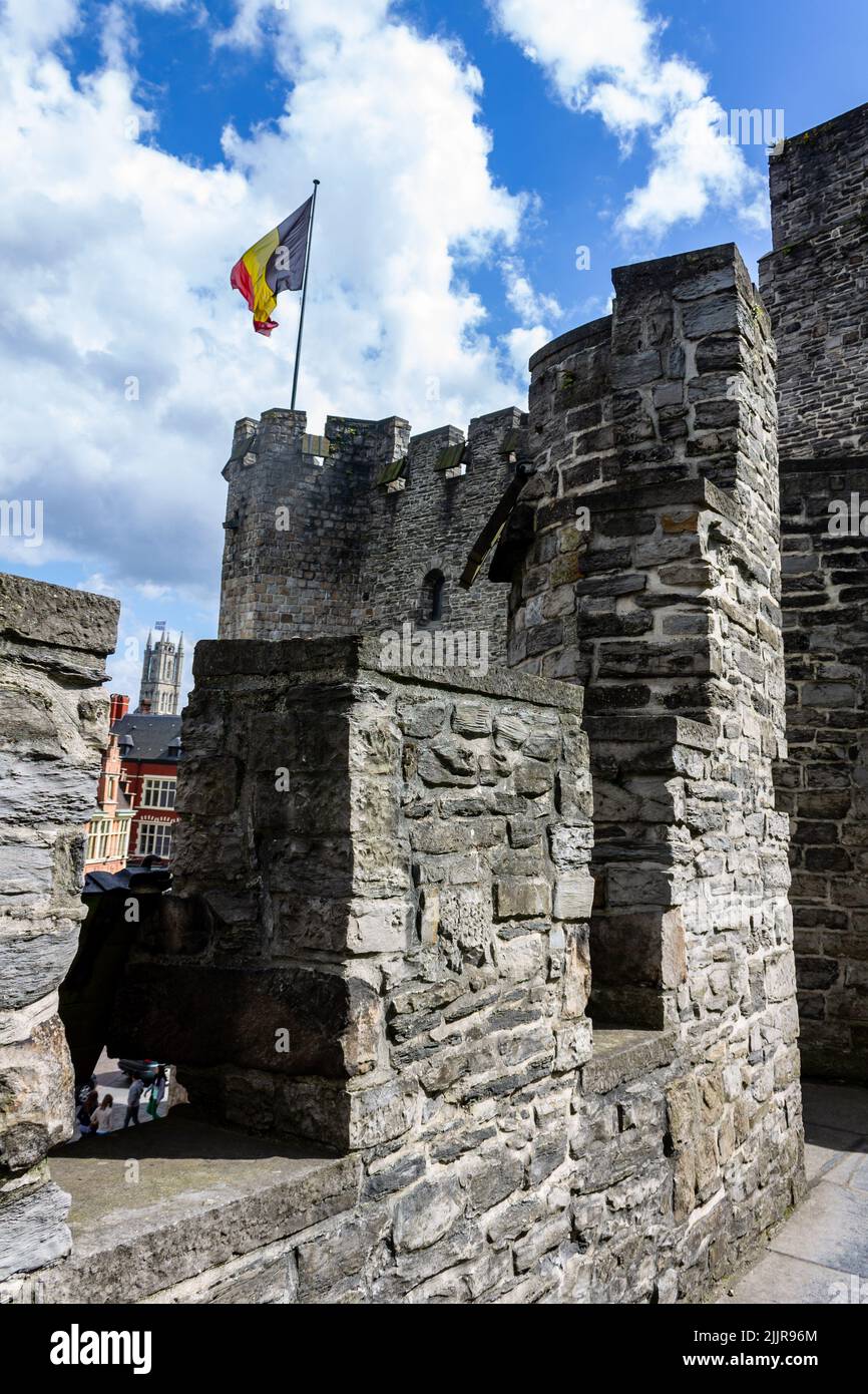 A vertical shot of the Gravensteen medieval castle in Ghent with the ...