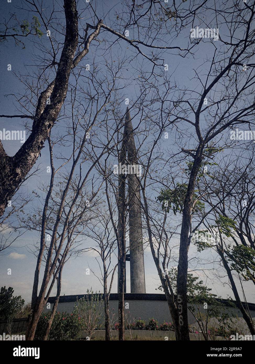 A vertical shot of the trees against the Capas National Shrine. Capas ...