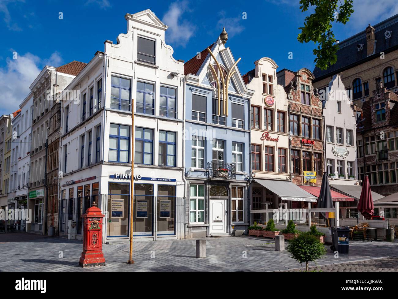 A scenic view of typical colorful Flemish houses of Ghent, Belgium ...