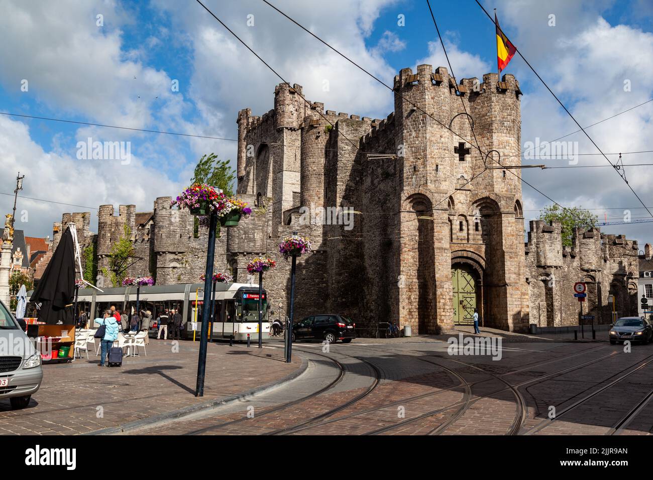 A scenic view of the Gravensteen medieval castle in Ghent with the ...