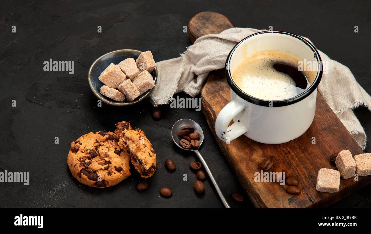 Cup of black coffee on dark background. Hot beverage. Breakfast concept ...