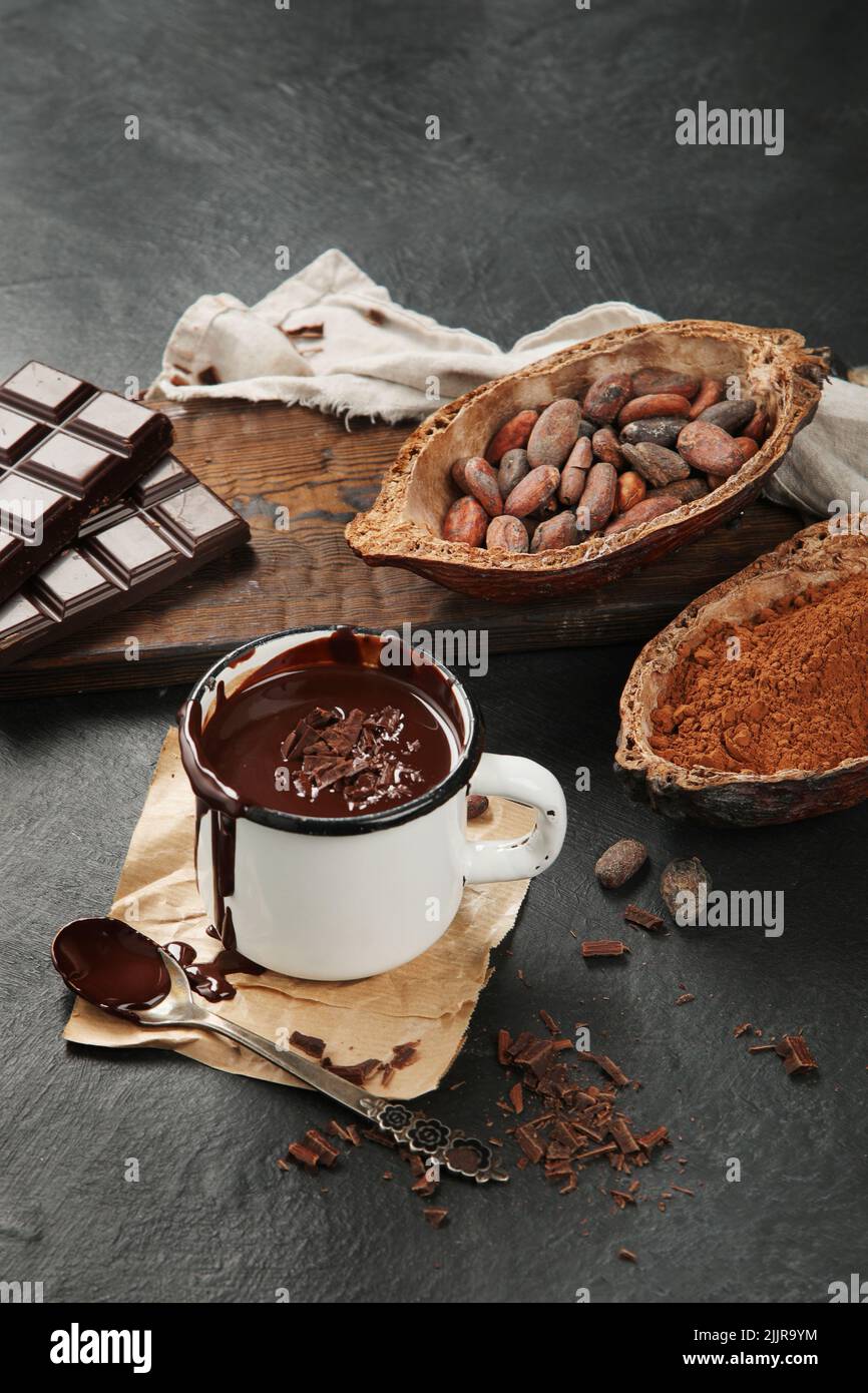 Melted chocolate drink on dark background. Hot beverage Stock Photo - Alamy