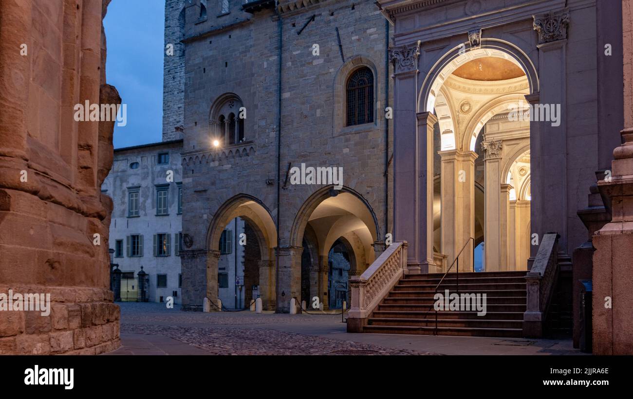 The architectural details of the empty Piazza Duomo in Bergamo, Italy ...