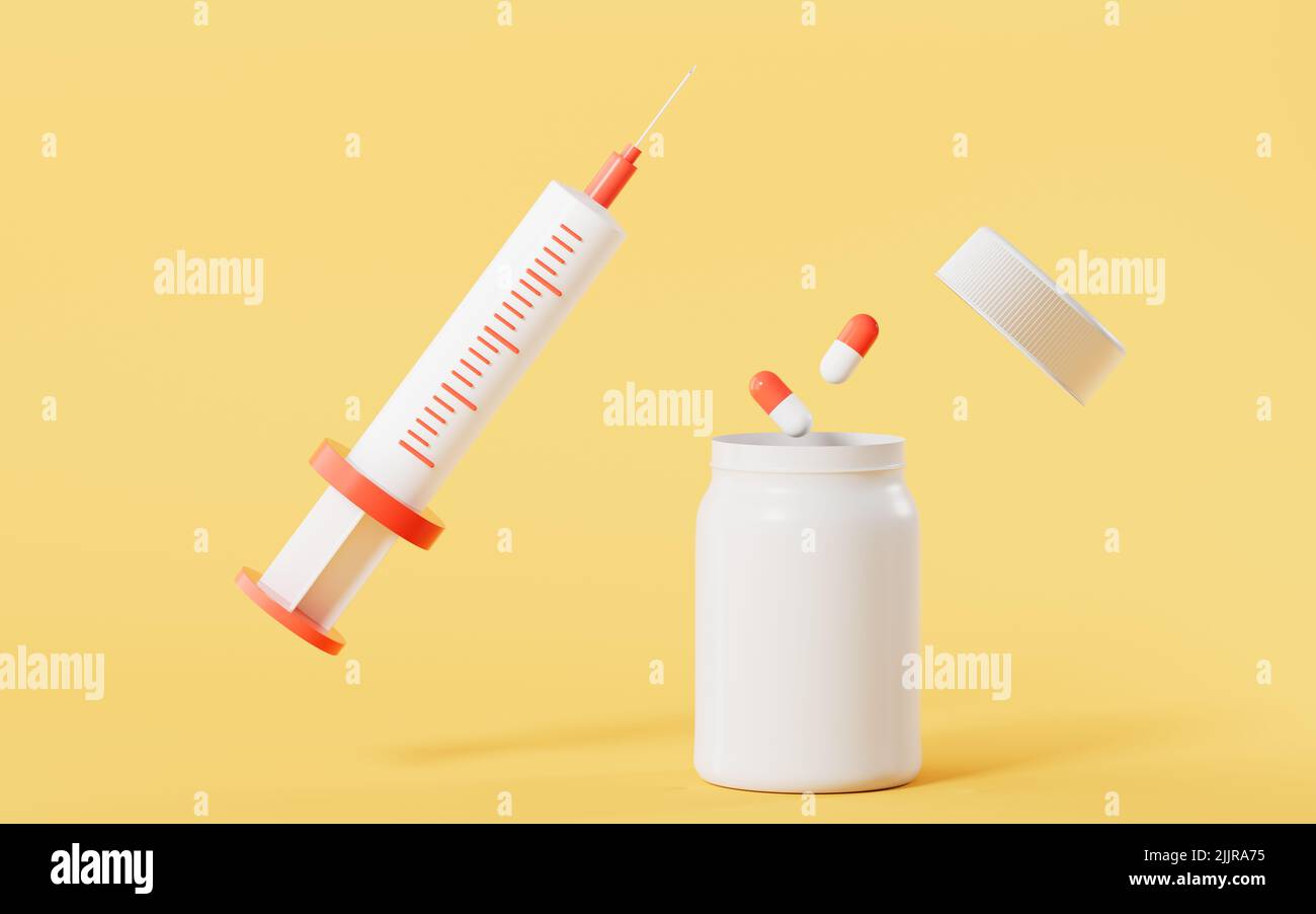Cartoon style injection syringe and pills fly out of the bottle, 3d ...