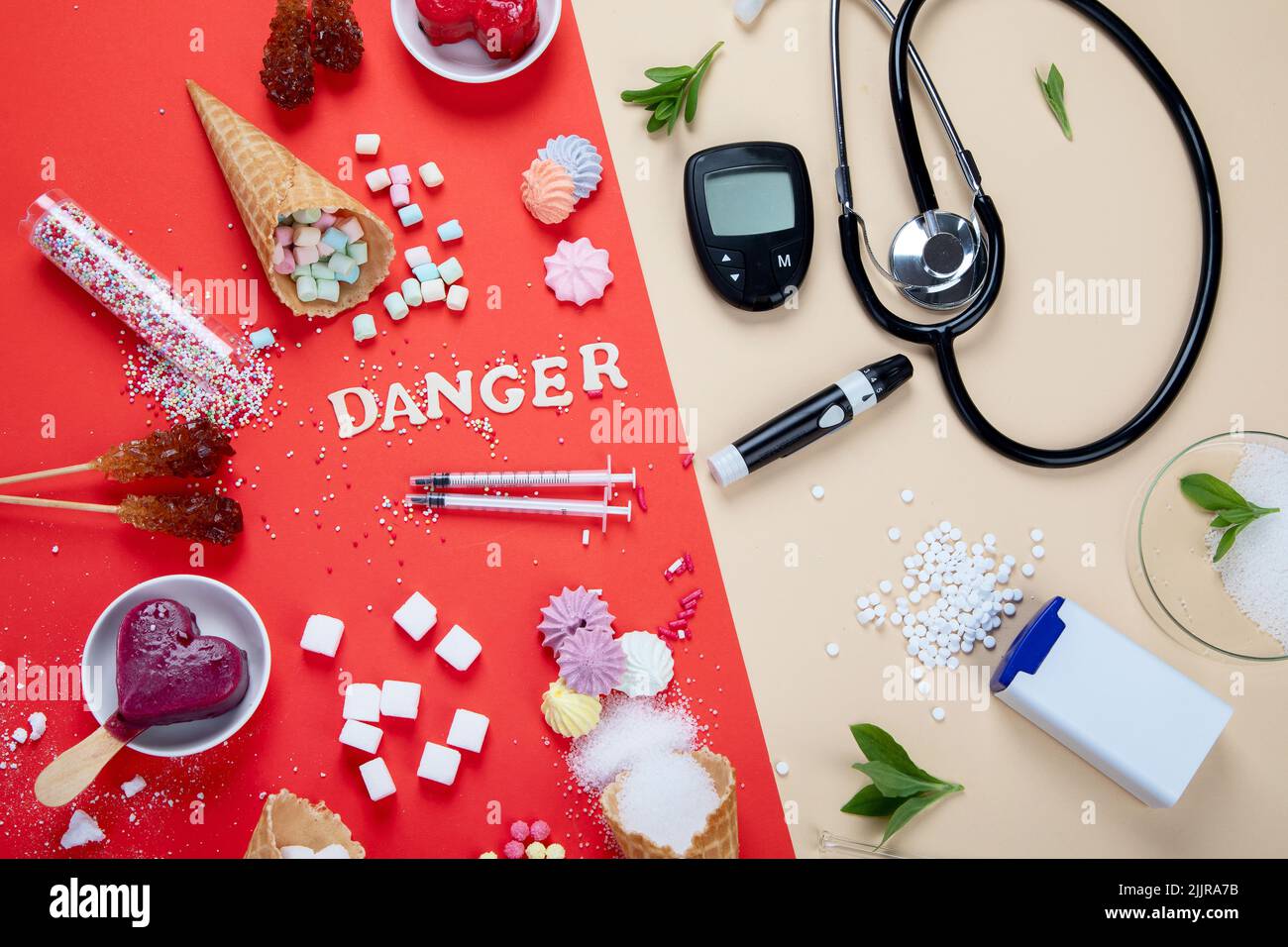 Mix of sweets and candy with sugar spread and written text in unhealthy ...