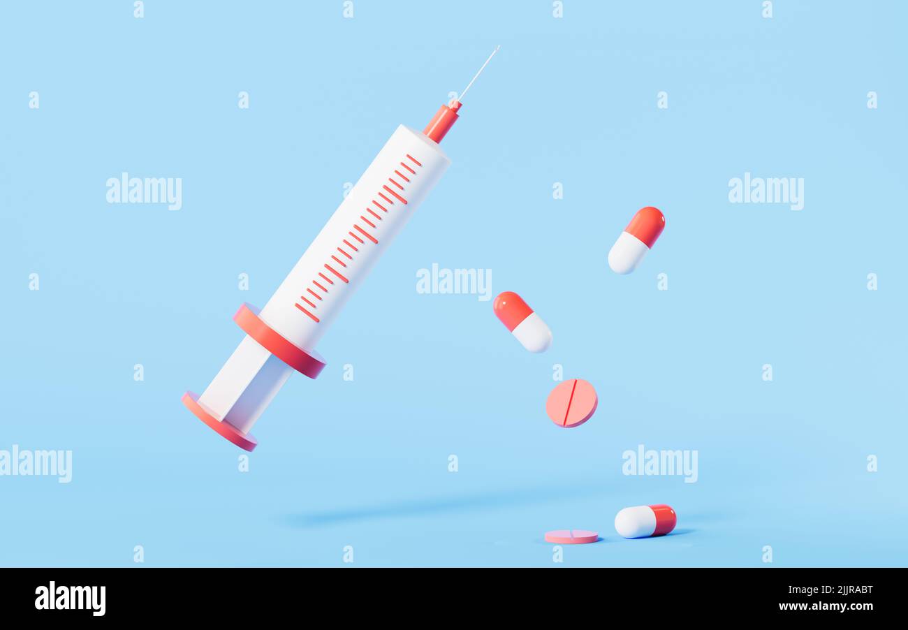 Cartoon style injection syringe and pills with blue background, 3d ...