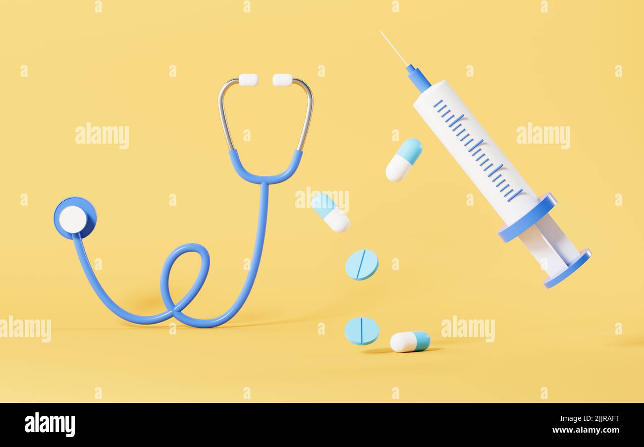 Stethoscope and injection syringe with yellow background, 3d rendering ...
