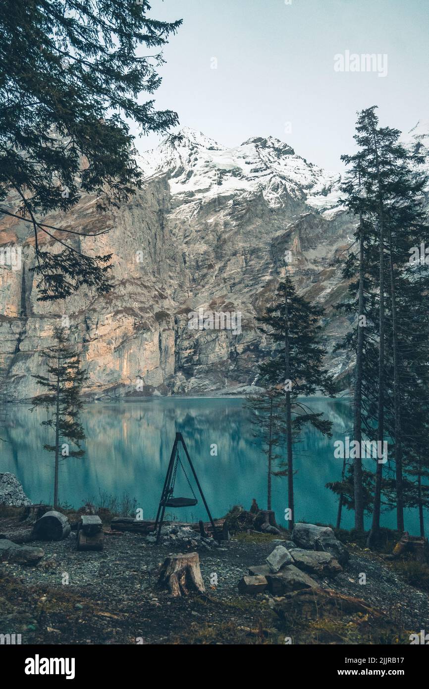 A beautiful view of an extinct bonfire near Oeschinen lake in ...