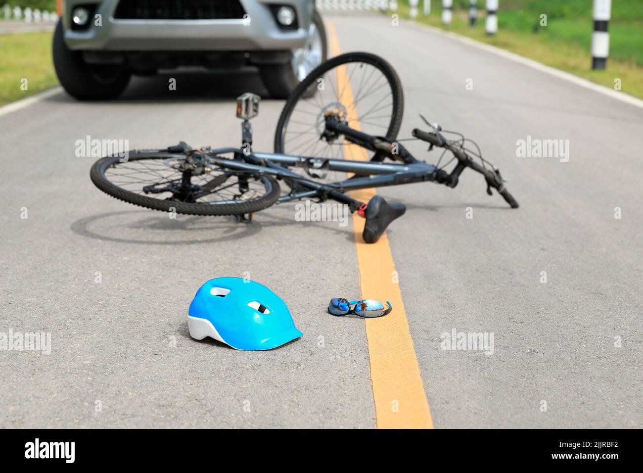 Accident car crash with bicycle on road Stock Photo - Alamy
