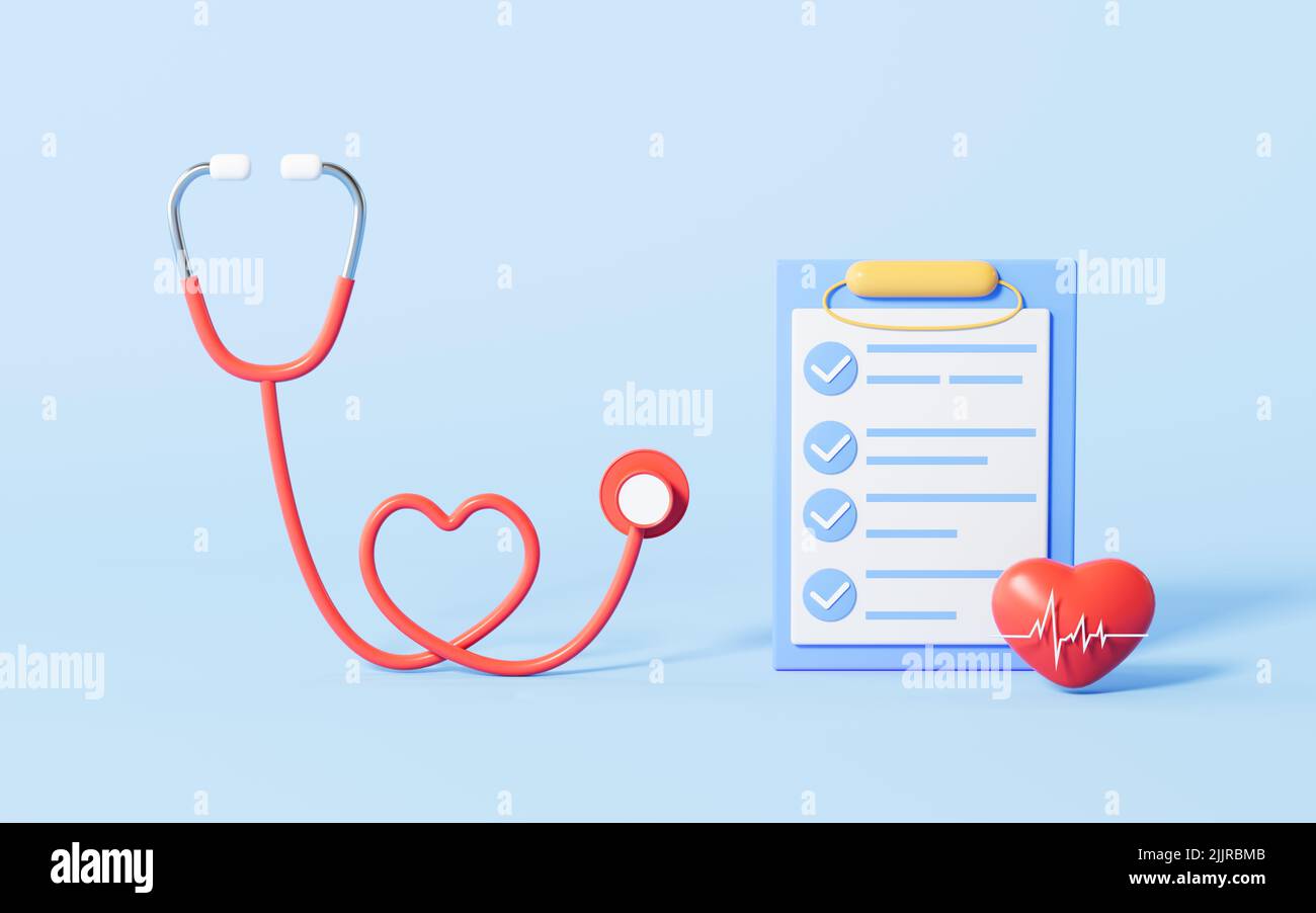 Stethoscope and medical examination report with blue background, 3d ...