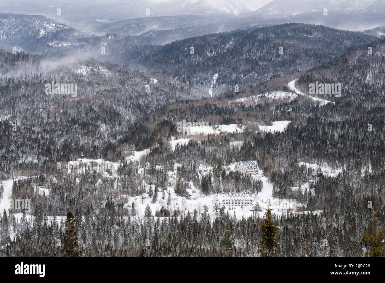 Beautiful background of snowy landscape with trees, clouds and fluffy ...