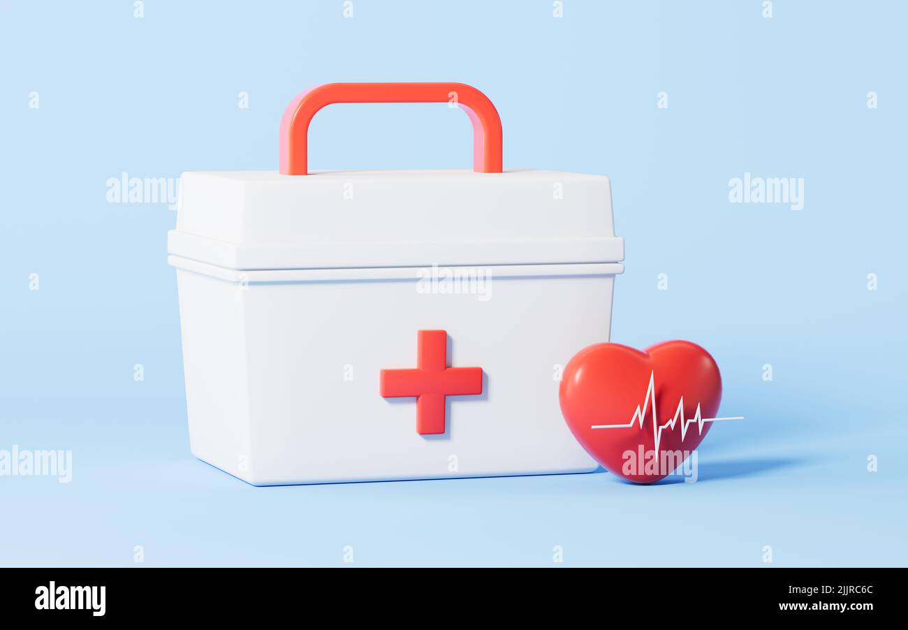 Cartoon style medicine kit and heart, medical concept, 3d rendering ...