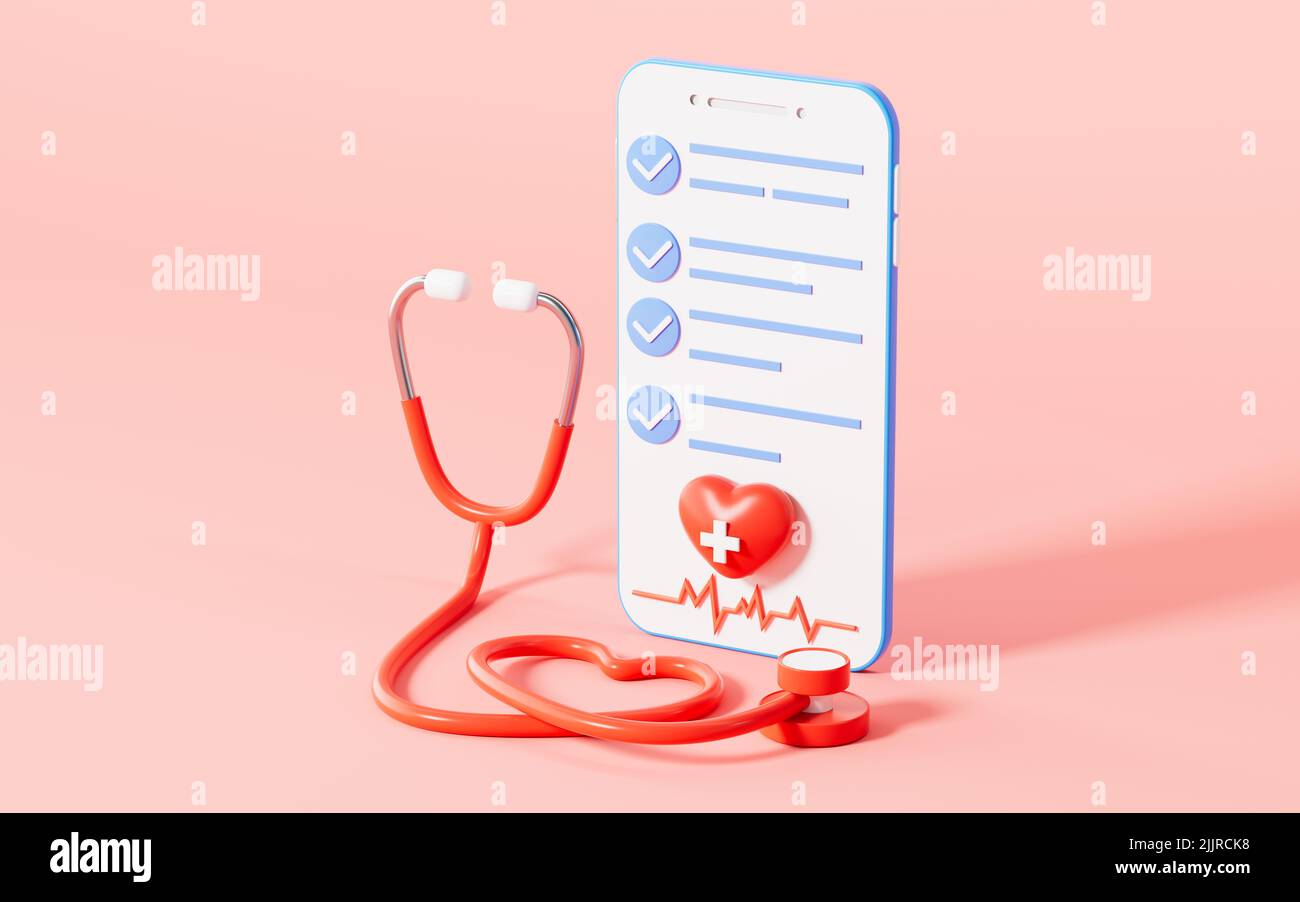 Stethoscope and electronic medical examination report with pink ...