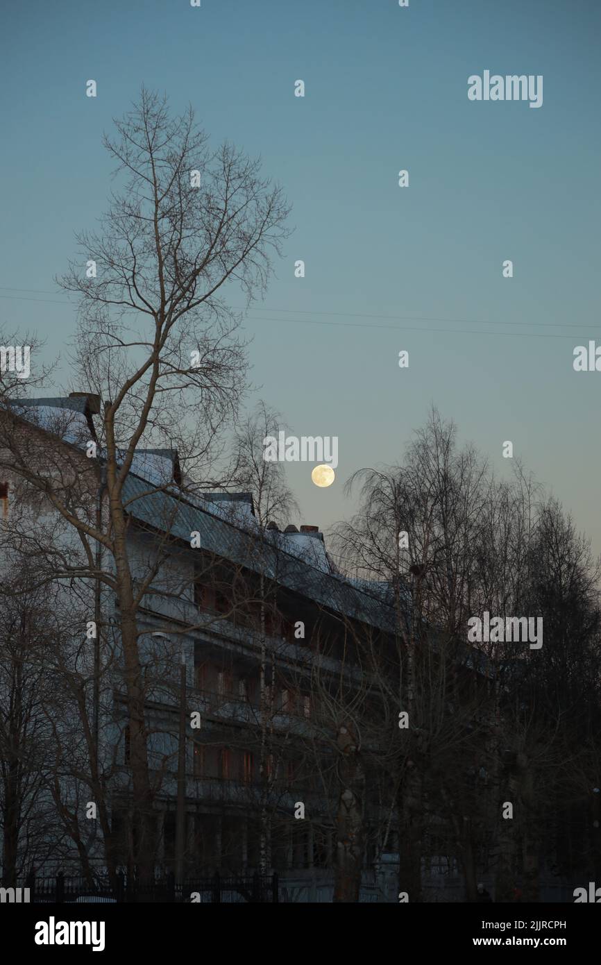 A beautiful view of a full moon in the sky and old buildings with trees ...