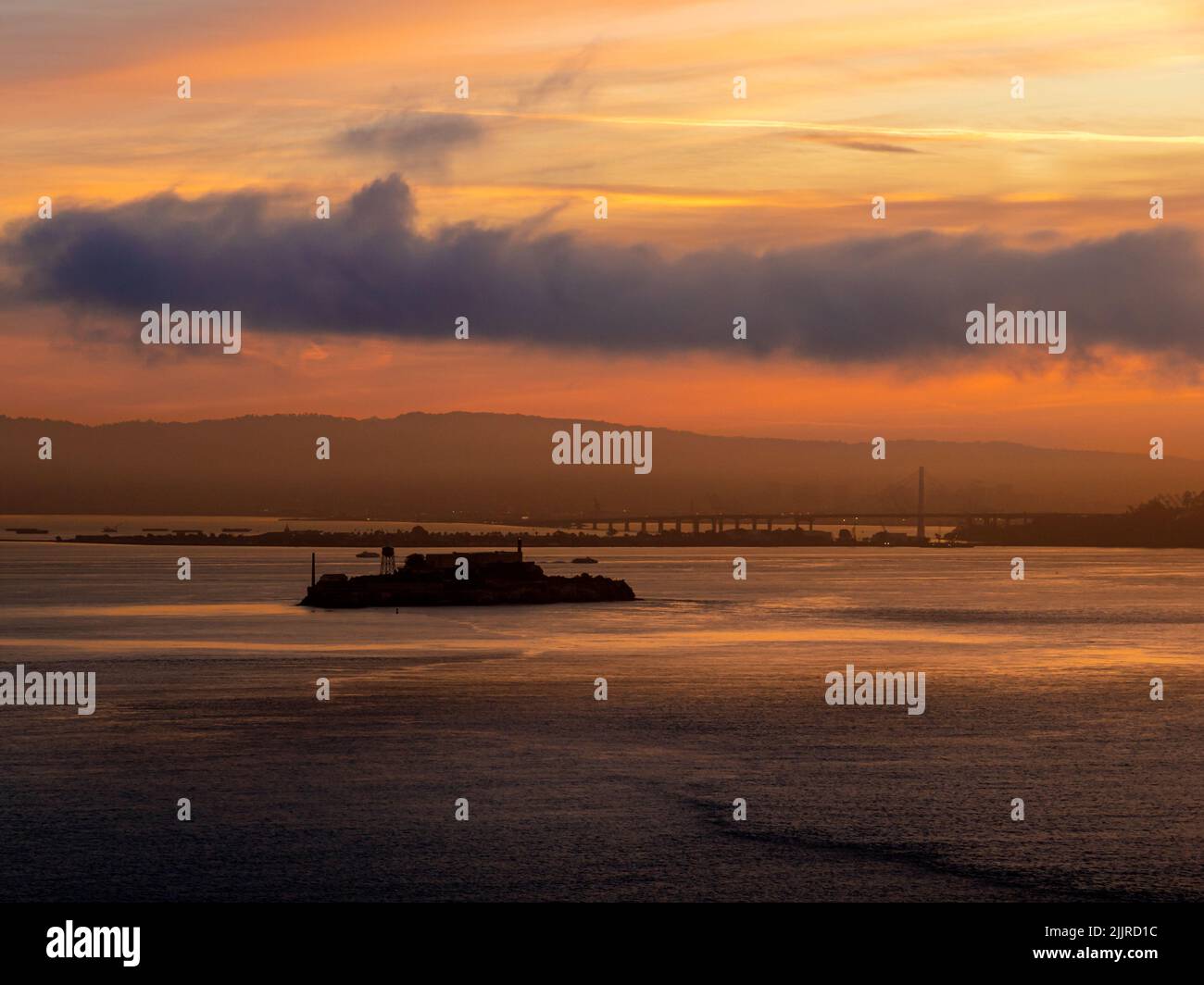 A silhouette of the Alcatraz Island from a distance in San Francisco ...