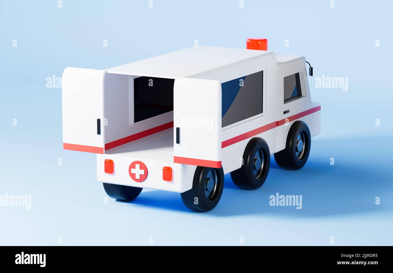 Ambulance opened the trunk with blue background, 3d rendering. Computer ...