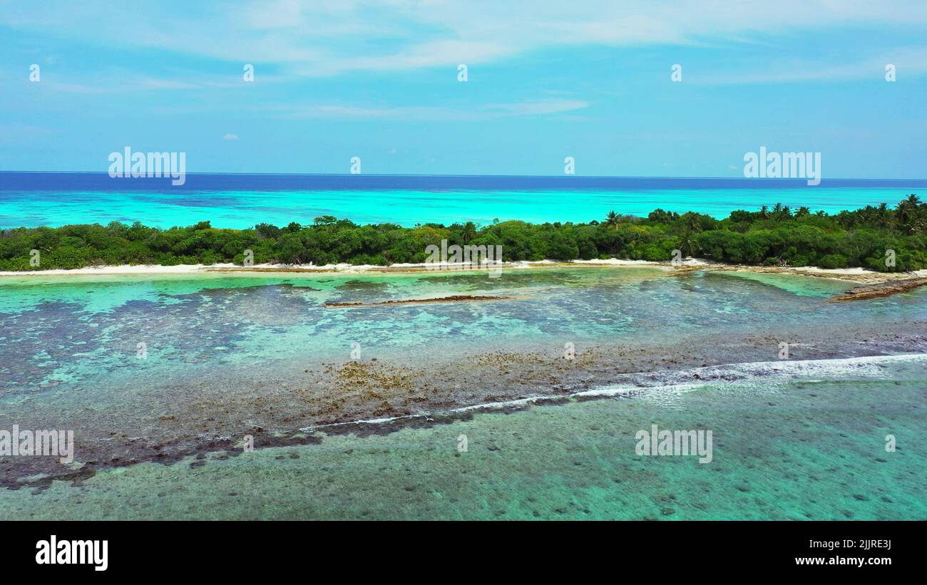 An aerial view of sea surrounded by growing trees in Maldives Stock ...