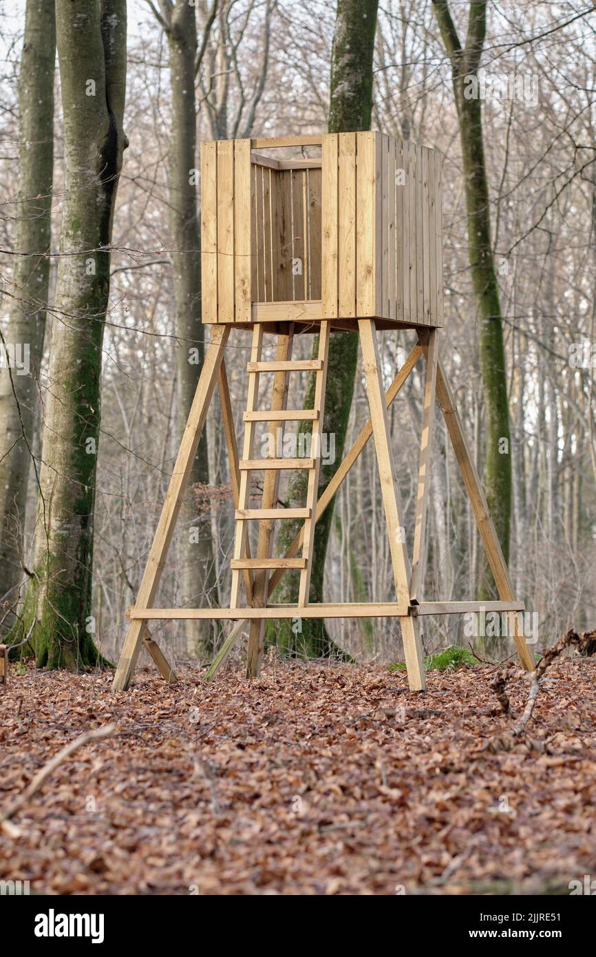 Hunting tower, wooden treehouse and observation structure in a forest ...