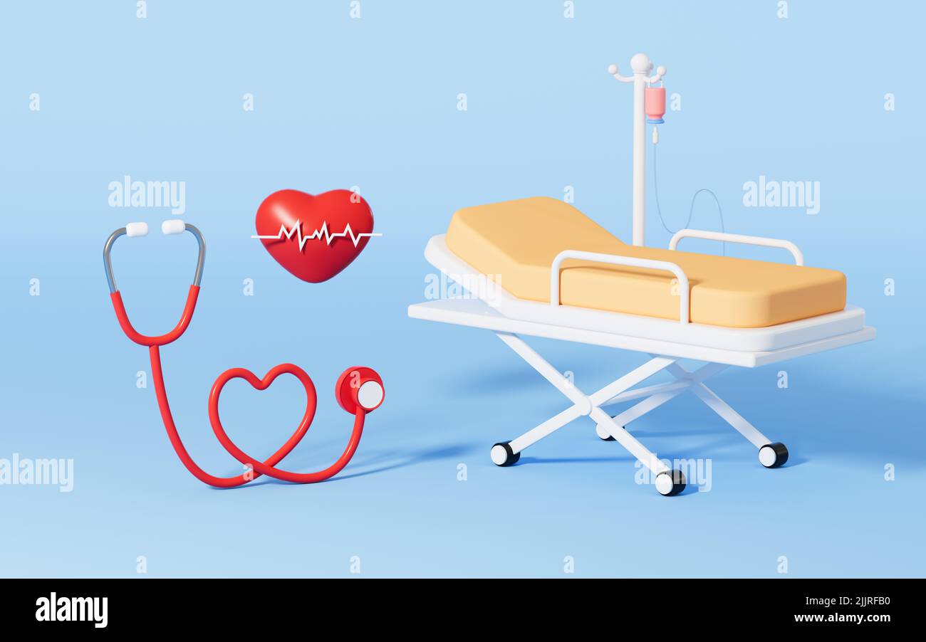 Yellow stretcher and stethoscope in the blue background, 3d rendering ...