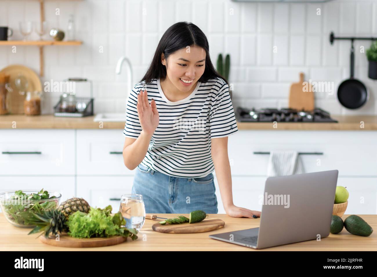 young woman vlogger live broadcast cooking healthy food Stock Photo - Alamy