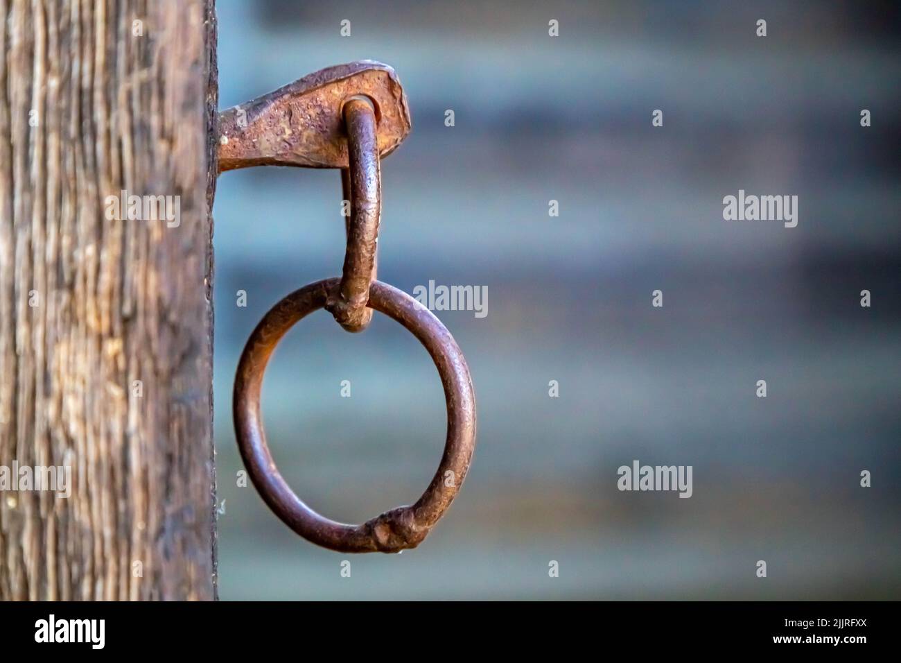 A closeup of two rusty old door rings hanging on the wooden door Stock ...