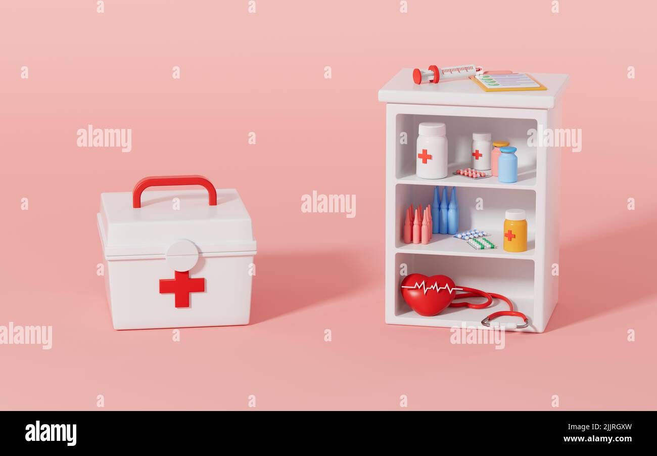Red cross medicine kit and opening medicine cabinet, Injection syringe ...