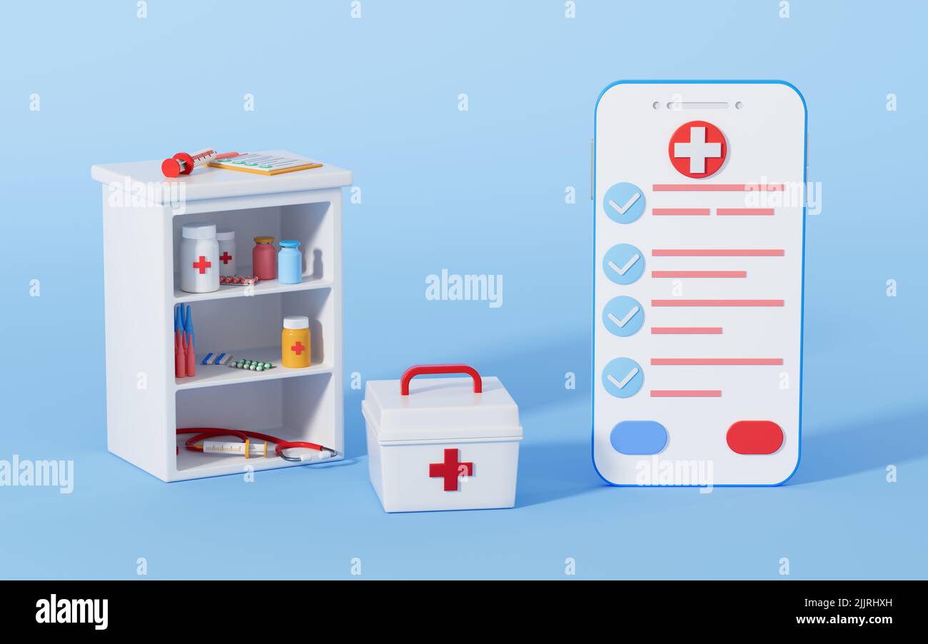 Electronic medical examination report and and medicine chest with blue ...