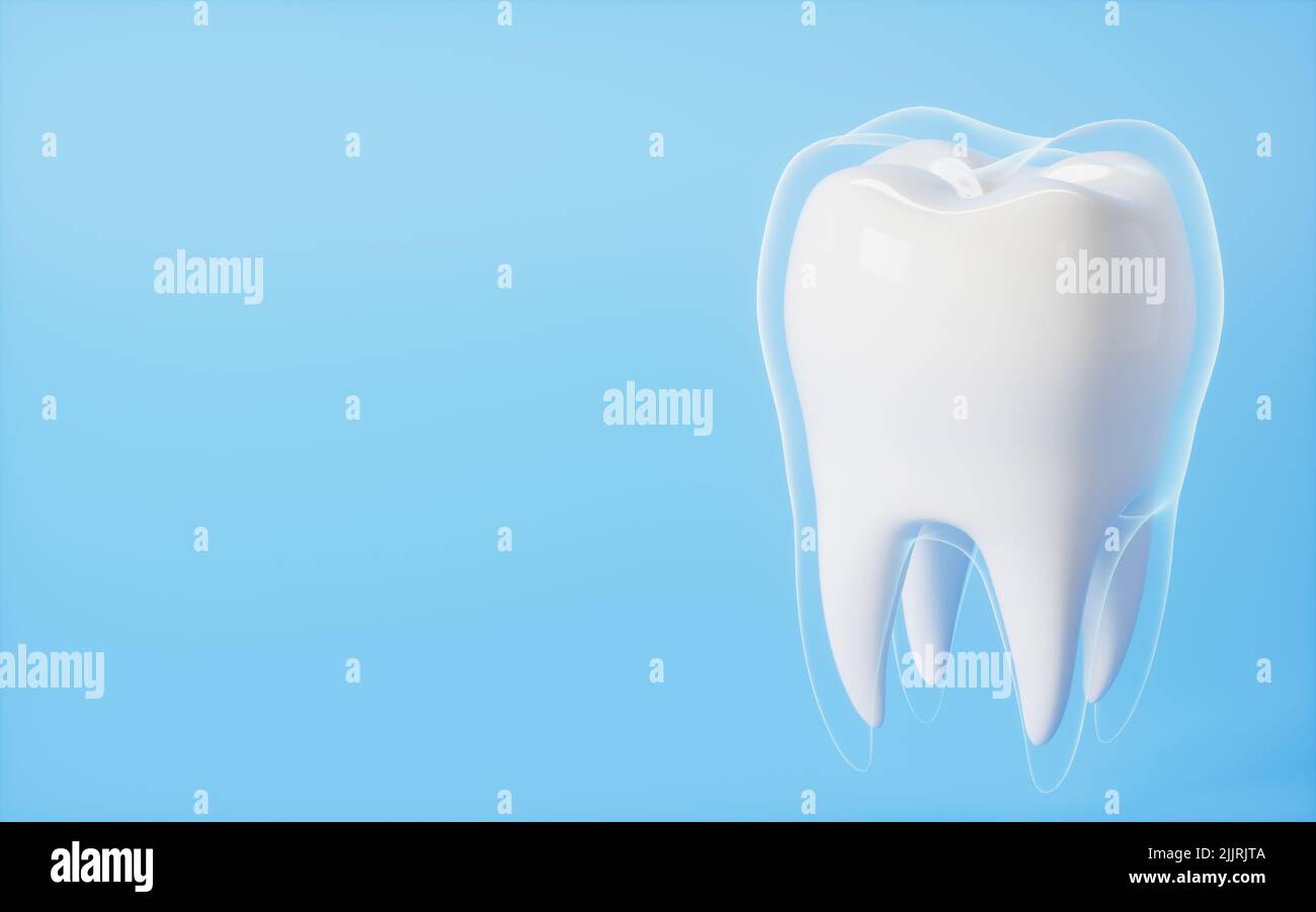Glowing protective cover out of the tooth in the blue background, 3d ...